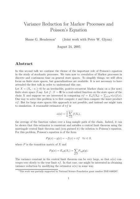 Variance Reduction For Markov Processes And Poissons Lnmb