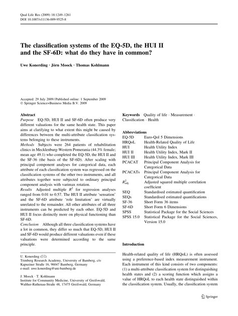 Pdf The Classification Systems Of The Eq 5d The Hui Ii And The Sf 6d
