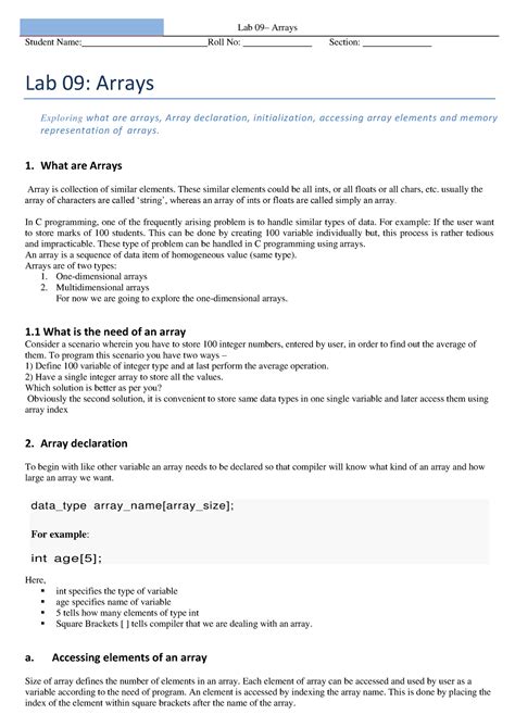 Lab Lab Manual C Language Student Name Roll No Section Data Type Array Name Array Size