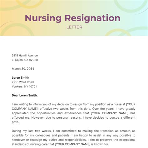 Nursing Resignation Letter Template Edit Online And Download Example