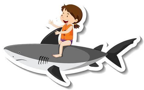 A Girl Ride Inflatable Shark Cartoon Sticker 3223086 Vector Art At Vecteezy