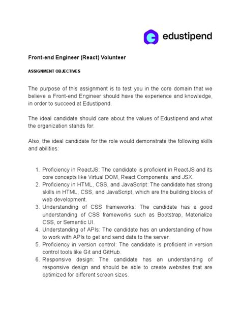 Front End Engineer React Prework Assignment Pdf
