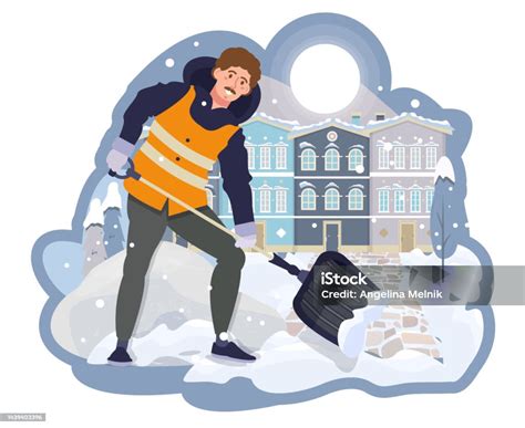 삽으로 포장 도로에서 눈을 제거하는 남성 노동자 집 근처의 영토를 청소하는 남자 눈 덮인 도로 공공 시립 작업은 겨울에 작동합니다 눈이 도시에 표류합니다 평면 벡터