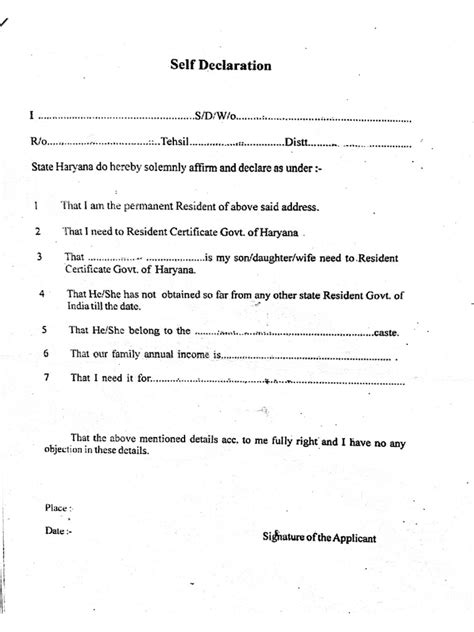 Self Declaration Haryana Residence Pdf
