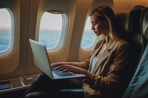 Premium Photo Traveling Businesswoman Works On Laptop In First Class