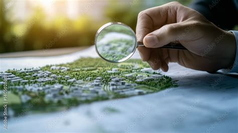 Urban Planner With Magnifying Glass Examining Detailed Land Map