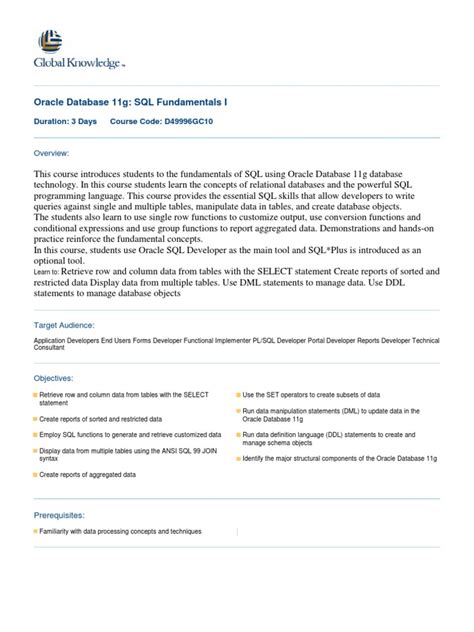 Oracle Database 11g Sql Fundamentals I An Overview Of The 3 Day