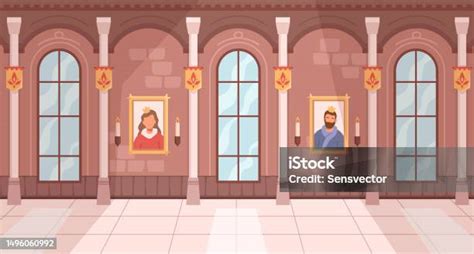 성 왕실 볼룸 인테리어 만화 배경에는 군주 왕과 여왕 갤러리 초상화가 있습니다 아치형 창문이 있는 공을 위한 벡터 중세 홀