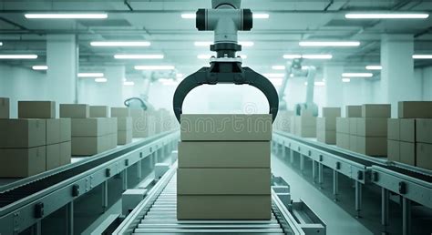 Automated Packaging Robotic Arm Handling Boxes In A Factory Stock