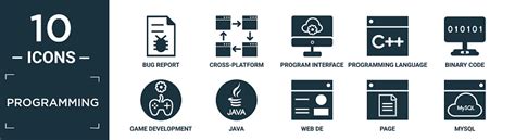 채워진 프로그래밍 아이콘 세트입니다 플랫 버그 보고서 크로스 플랫폼 프로그램 인터페이스 프로그래밍 언어 바이너리 코드 게임 개발 java 웹 de 페이지 편집 가능한 형식의