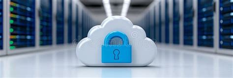 In A Server Room With Blue Lighting A White Cloud With A Golden Lock Symbol Signifying Data