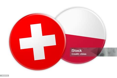 뉴스 개념 스위스 깃발에 폴란드 플래그 단추 백색 배경에 3d 그림 3차원 형태에 대한 스톡 사진 및 기타 이미지 3차원