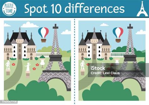 아이들을 위한 차이점 찾기 게임 공원 성 에펠탑에서의 귀여운 광경이 있는 교육 활동 재미있는 프랑스 풍경을 가진 아이들을 위한 퍼즐 인쇄 가능한 워크시트 또는 프랑스 기호가
