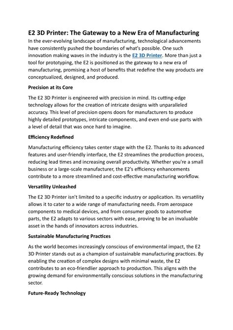 Ppt E2 3d Printer The Gateway To A New Era Of Manufacturing