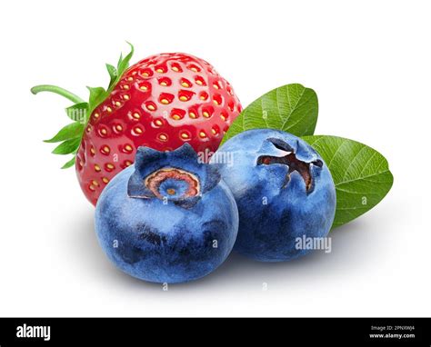 Isolated Berries Two Sweet Blueberry And Strawberry Fruits With Leaves