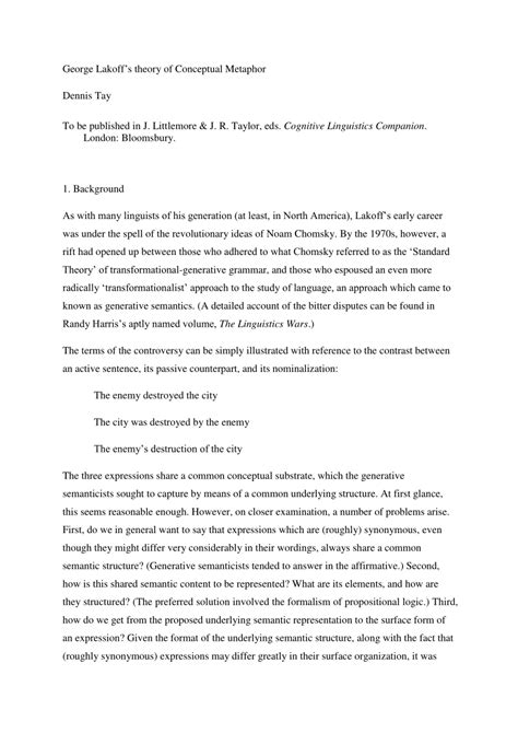 Pdf Lakoff And The Theory Of Conceptual Metaphor