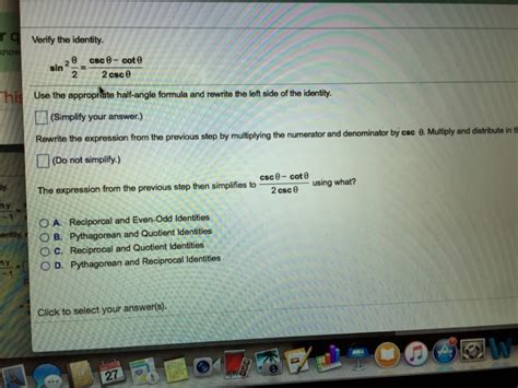 Solved Verify The Identity Sin 2 Theta 2 Csc Theta Cot Theta 2 Csc 1 Answer