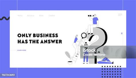 자주 묻는 질문 웹 사이트 방문 페이지 거대한 물음표 주위에 비즈니스 사람들은 돋보기 및 가젯 웹 페이지 배너와 정보를 검색 만화 플랫 벡터 일러스트 일러스트레이션에 대한