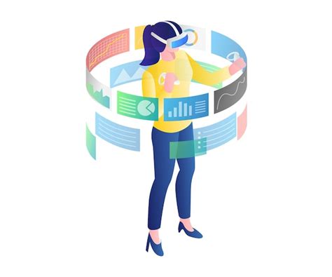 Flat Isometric Illustration Concept Girl Analyzing Data With Vr