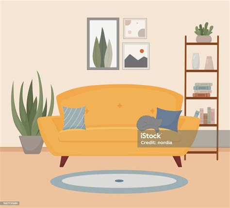 거실 인테리어 가구 디자인 요소 현대 가정 편안한 소파 책장 고양이 책 꽃병 식물 베개 카펫 벡터 플랫 스타일 일러스트레이션 0명에 대한 스톡 벡터 아트 및 기타 이미지