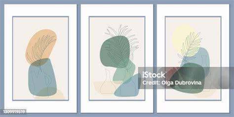 간단한 모양의 추상적 구성이 있는 템플릿입니다 꽃병에 열대 야자수 잎 콜라주 스타일 미니멀리즘 파스텔 흙 색 Sns용 엽서 및 커버용 벡터 배너 0명에 대한 스톡 벡터 아트