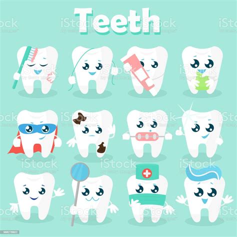 치아의 재미 있는 아이콘의 집합입니다 파란색 배경 벡터 일러스트입니다 어린이의 치과의 개념입니다 우수 치과 카드입니다 귀여운 캐릭터입니다 카 리에 스 예방입니다 개념에 대한