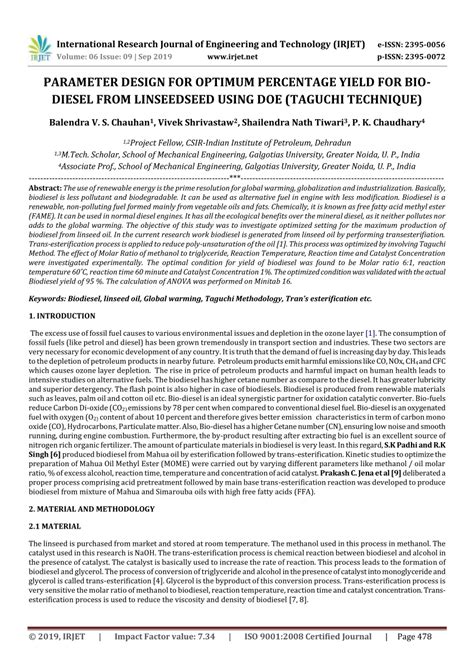 Pdf Parameter Design For Optimum Percentage Yield For Biodiesel From Linseed Using Doe