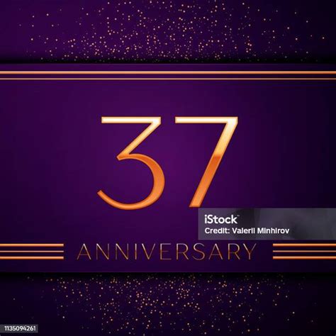 현실적인 37 년 기념일 축 하 디자인 배너입니다 황금 숫자와 보라색 배경에 색종이 당신의 생일 파티를 위한 다채로운 벡터 템플릿 요소 0명에 대한 스톡 벡터 아트 및 기타