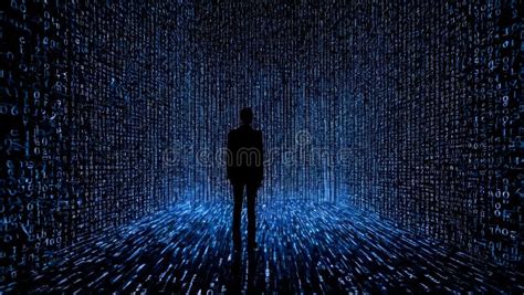 Silhouette Of Person Standing Amidst Glowing Blue Digital Data Streams Represents Technology