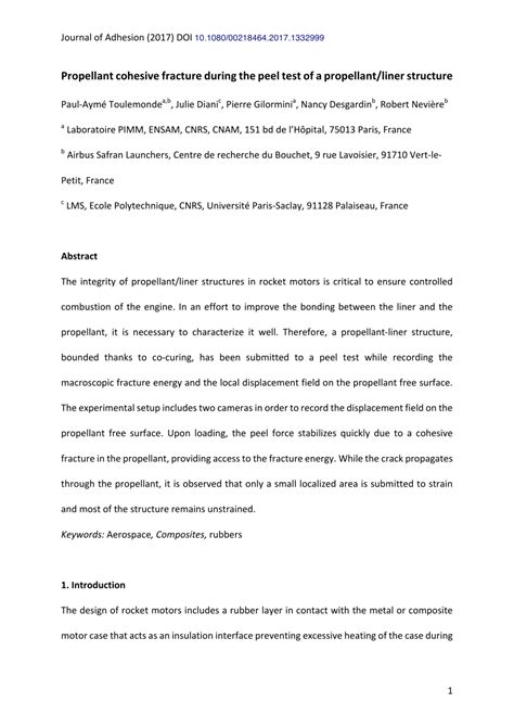 Pdf Propellant Cohesive Fracture During The Peel Test Of A Propellant Liner Structure
