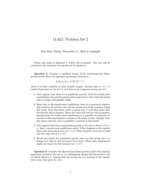 Assignment Problem Set On Economic Growth 14 Problem Set 2 Due