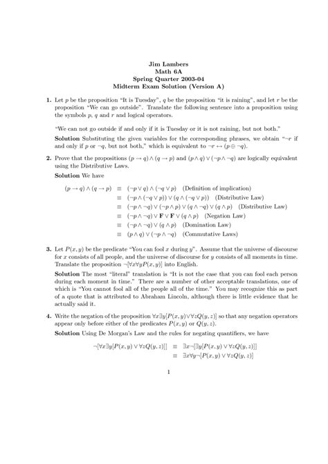 Midterm Exam Solutions For Linear Algebra Math 6 Docsity