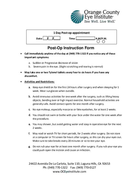 Post Operative Cataract Instructions Blank Fillable Template Fill