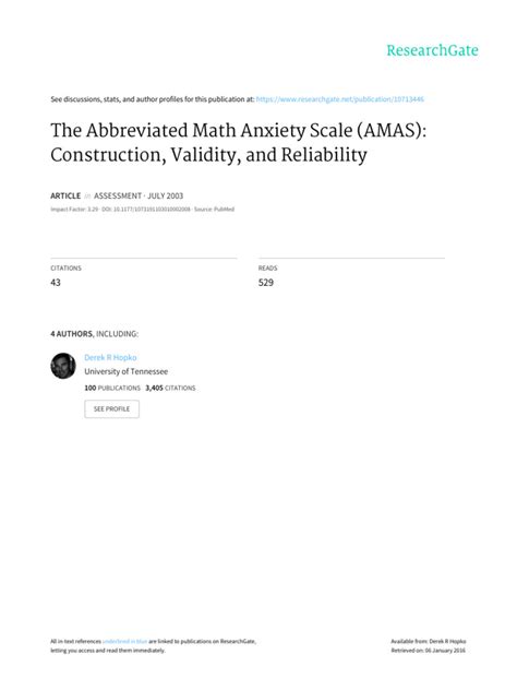 Math Anxiety Scale Abbreviated Research Paper Pdf Factor Analysis Validity Statistics