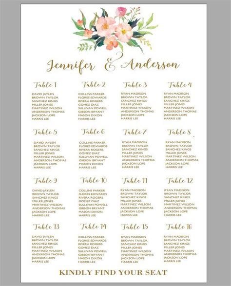 PRINTABLE Wedding Seating Chart Template Boho Wedding Table Seating Assignment Table Plans