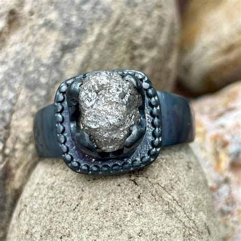 Raw Black Diamond Engagement Ring Etsy