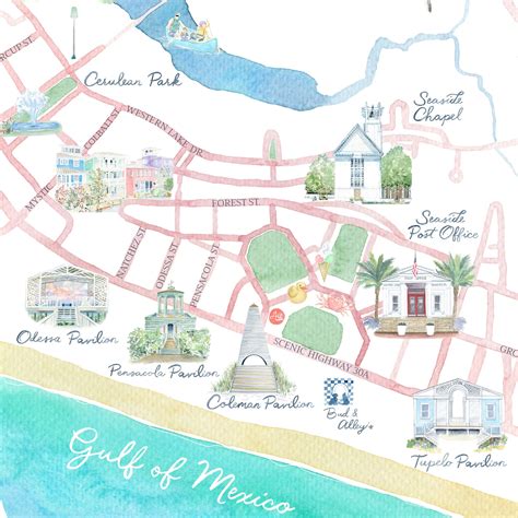Seaside Florida Map Watercolor Art Print Beach Art South Etsy
