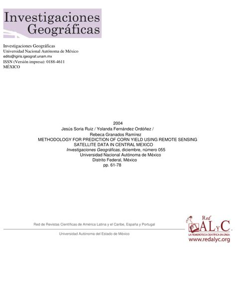 Pdf Methodology For Prediction Of Corn Yield Using Remote Sensing Satellite Data In Central Mexico