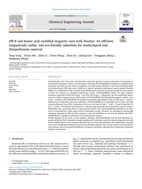 Pdf Zif 8 And Humic Acid Modified Magnetic Corn Stalk Biochar An Efficient Magnetically