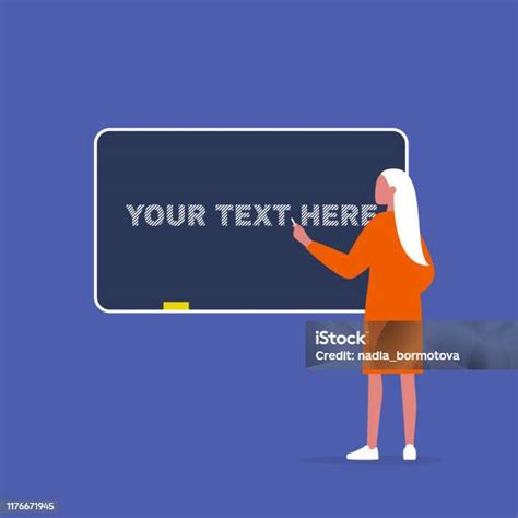 여기에 텍스트 칠판에 그리는 젊은 여성 캐릭터 교육 대학 단원 플랫 편집 가능한 벡터 일러스트레이션 클립 아트 교사 교육 관련