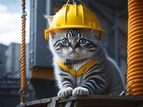 Premium Ai Image Cute Cat Builder At The Construction Site Ai Generated