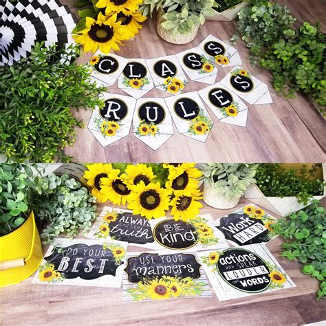 Editable Classroom Rules Posters Sunflower Farmhouse Classroom Decor