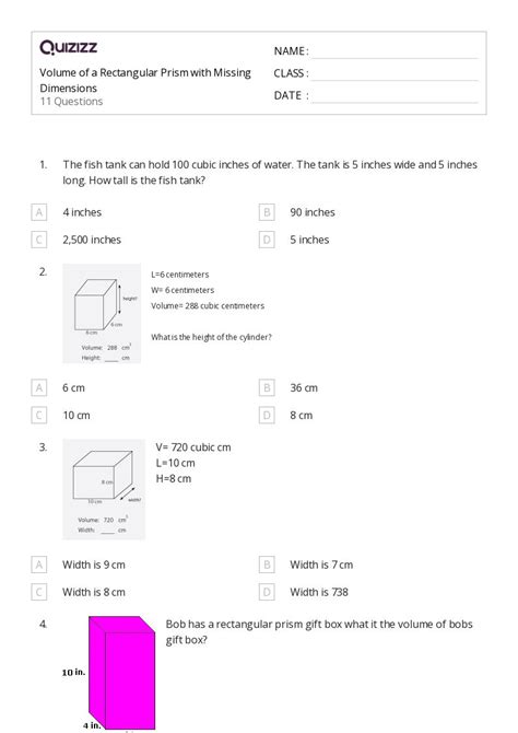 50 volume of a rectangular prism worksheets for grade 6 on quizizz
