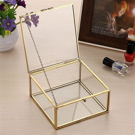 Vintage Glass Jewelry Organizer Box Golden Metal Keepsake Box Desktop