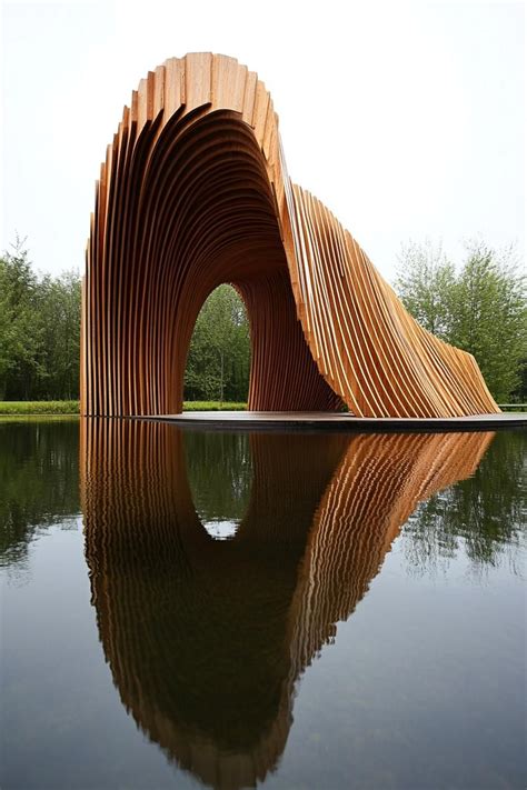 Wooden Structure Reflecting On A Pond Pavilion Designs Are