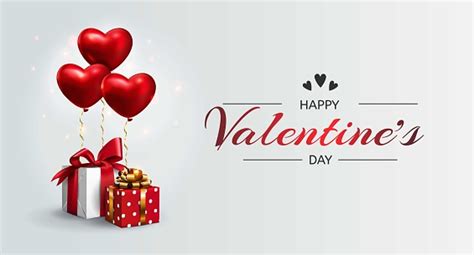 발렌타인 데이 인사말 카드 또는 배너 선물을 선물 상자와 사랑을 시뮬레이션 하트 모양의 풍선 템플릿 리본에 묶인 금색과 빨간 리본으로 감싼 선물 가벼운 축제 배경 나비매듭에