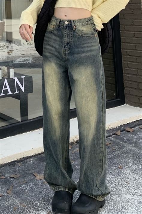 에르 블루 워싱 하이웨스트 스트레이트 청바지