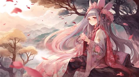 Anime Girl With Long Hair Sitting In A Tree With Cherry Blossoms