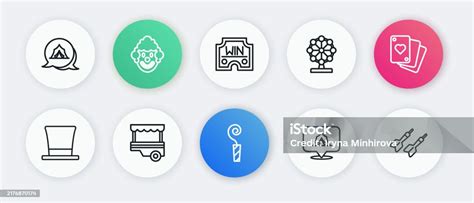 세트 라인 생일 파티 경적 카드 놀이 실린더 모자 서커스 텐트 관람차 카지노 승리 다트 화살표 및 패스트 스트리트 푸드 카트 아이콘 벡터 0명에 대한 스톡 벡터 아트 및