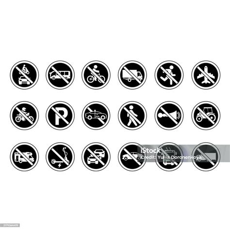 검은색 금지 원형 도로 표지판 벡터 아이콘 교통 체증 트럭 트롤리 버스 오토바이 버스 자전거 보행자 택시 등이 없습니다 경계 표지에 대한 스톡 벡터 아트 및 기타 이미지